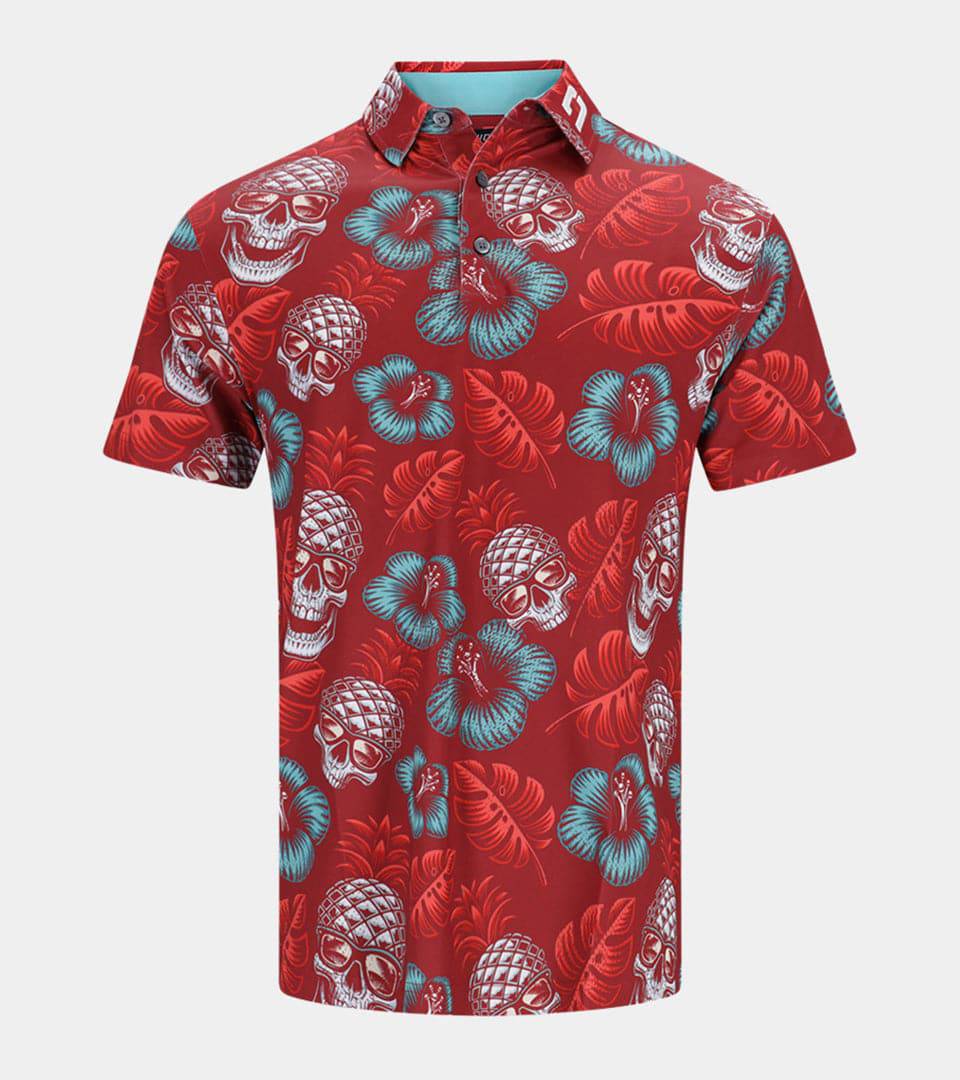 Men's Pineapple Skull Polo In Red | Men's Golf Tops | Druids